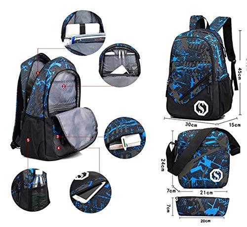 Umily School Backpacks School Bookbag Set 3 Pieces fit 15 inch Laptop Shoulder bag Travel Daypack with USB Charging Port