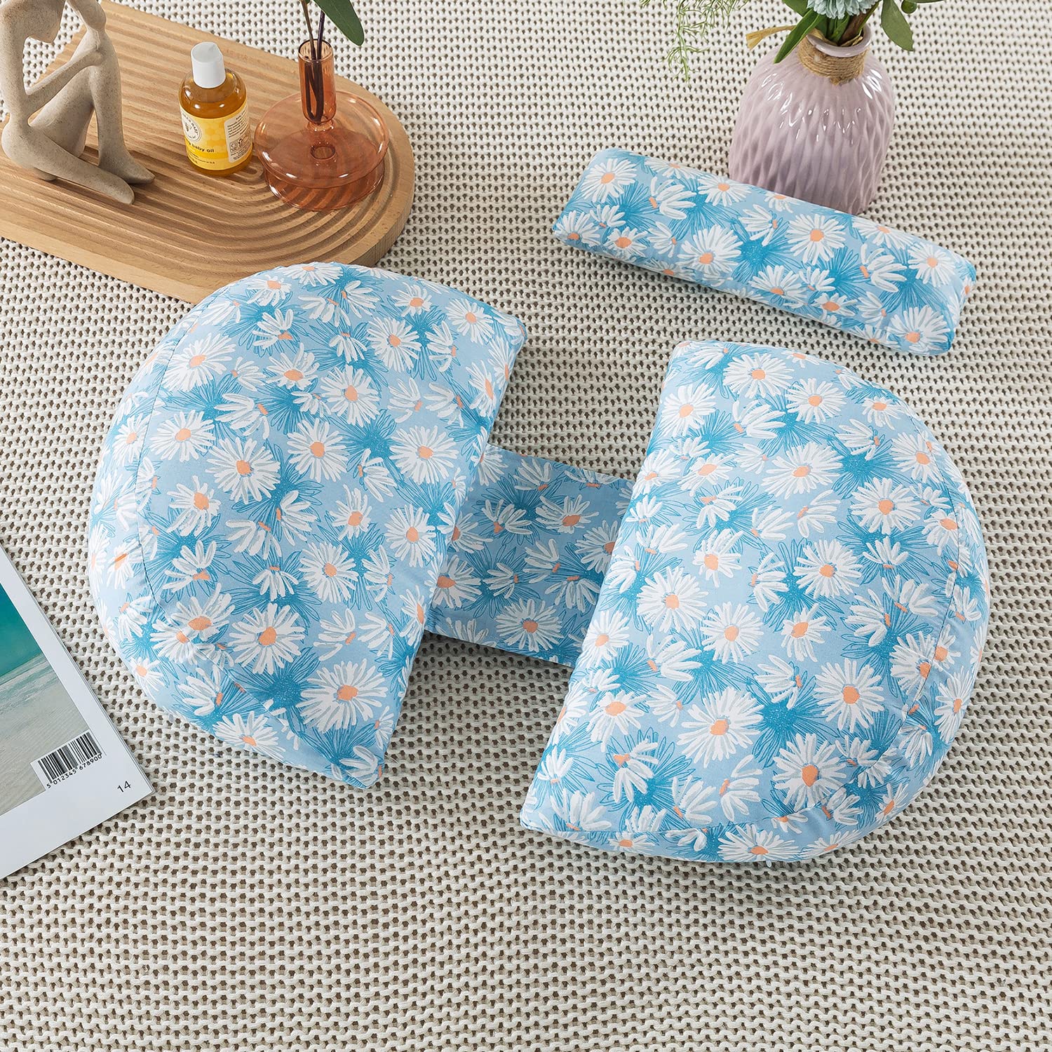 Lemfux Maternity Belly Double Wedge Pillows for Pregnant Women Sleeping, Elegant Small Adjustable Daisy Patterned Pregnancy Pillow for Back Support, 100% Cotton, Ultra Soft, for Side Sleeper