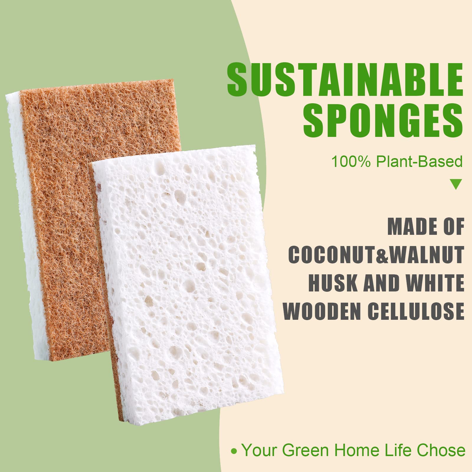 PANYEE Biodegradable Natural Kitchen Sponge,Eco Friendly Sponges for Dishes,Compostable Cellulose Sponge with Natural Plant Based Coconut Walnut Sustainable Scrubber Sponge Pack of 12