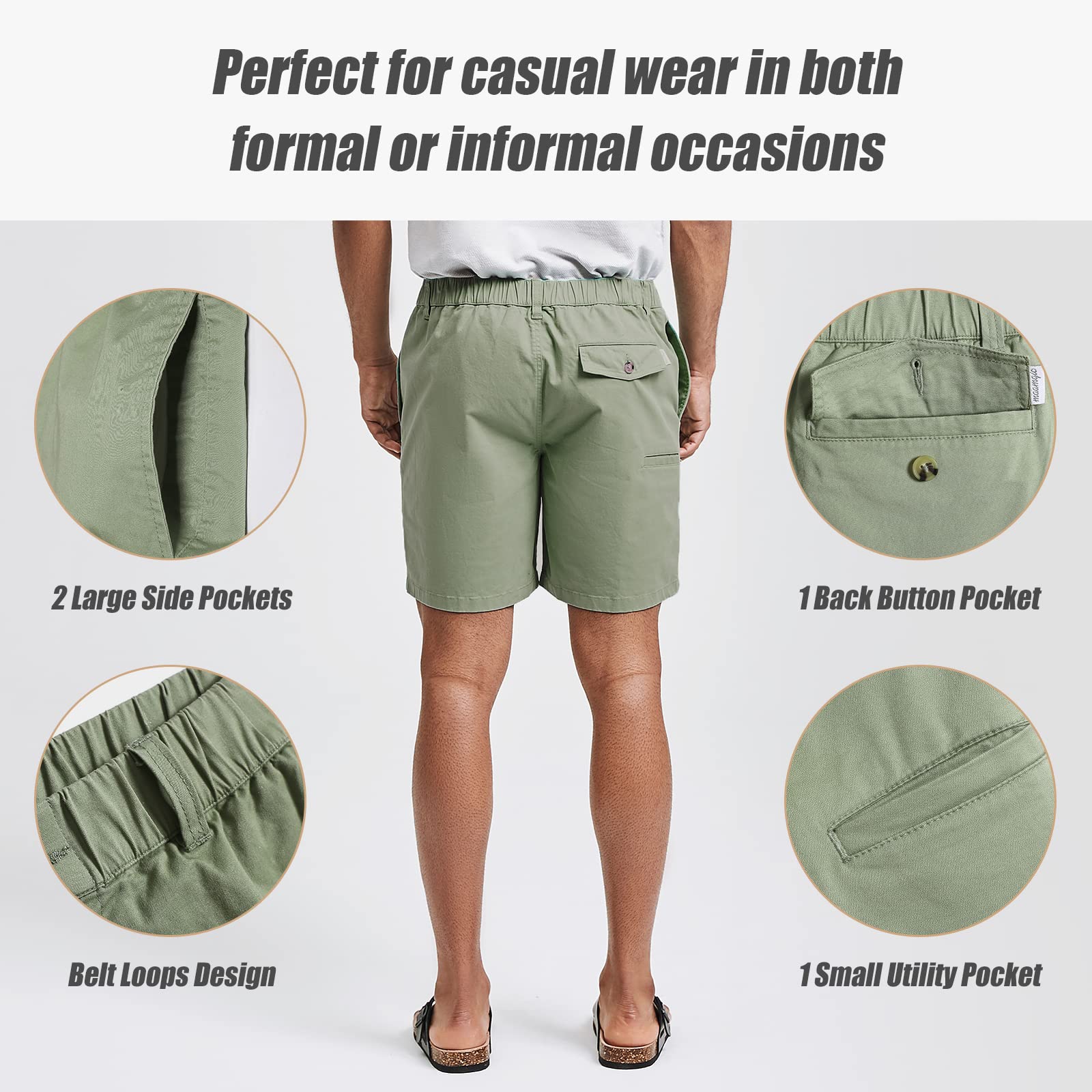 maamgic Men's Classic-fit 7" Cotton Casual Shorts Elastic Waistband with Multi-Pocket Daily Wear Walking Summer Outfit