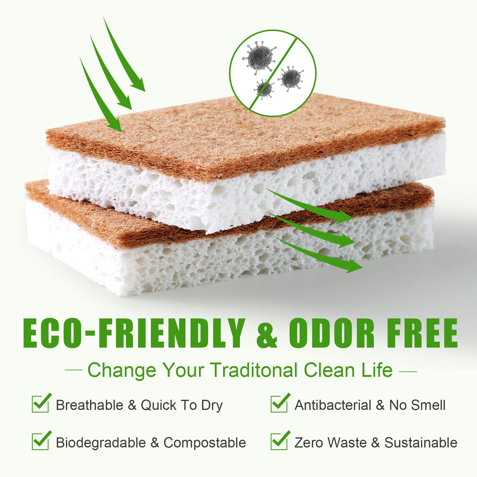 PANYEE Biodegradable Natural Kitchen Sponge,Eco Friendly Sponges for Dishes,Compostable Cellulose Sponge with Natural Plant Based Coconut Walnut Sustainable Scrubber Sponge Pack of 12