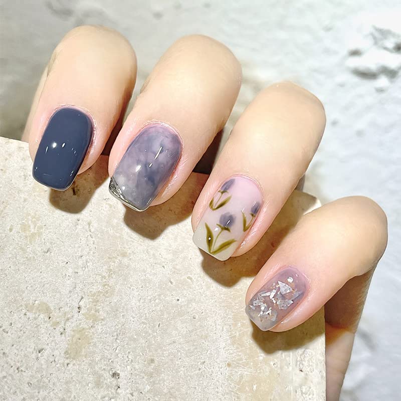 Diduikalor 24PCS Smudged Nude and French Purple Blooms Square Press on Nails Short, Coffin Medium Length Fake Nails, Reusable with Glue Acrylic False Nails for Women