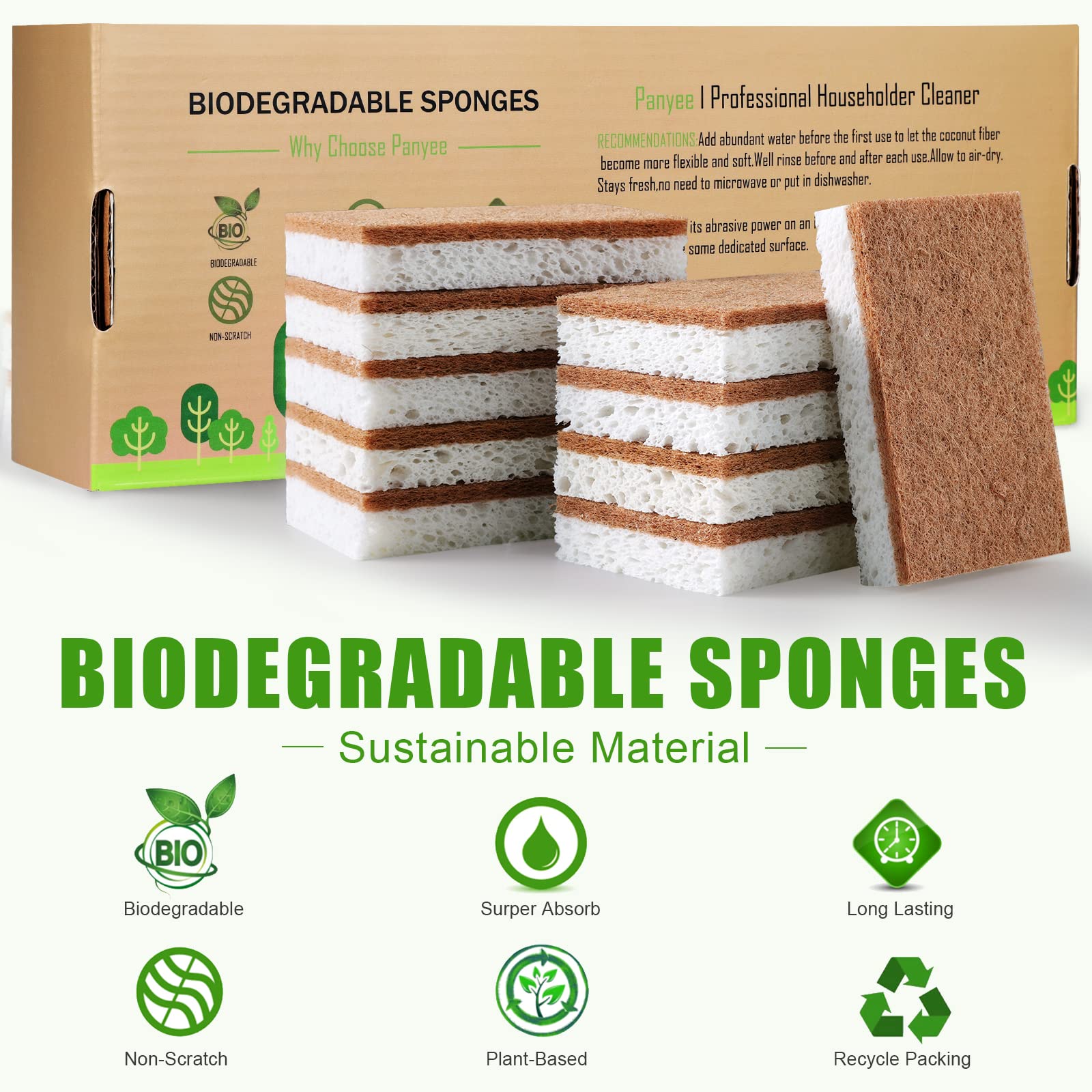 PANYEE Biodegradable Natural Kitchen Sponge,Eco Friendly Sponges for Dishes,Compostable Cellulose Sponge with Natural Plant Based Coconut Walnut Sustainable Scrubber Sponge Pack of 12