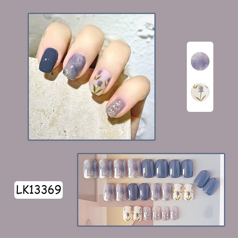 Diduikalor 24PCS Smudged Nude and French Purple Blooms Square Press on Nails Short, Coffin Medium Length Fake Nails, Reusable with Glue Acrylic False Nails for Women