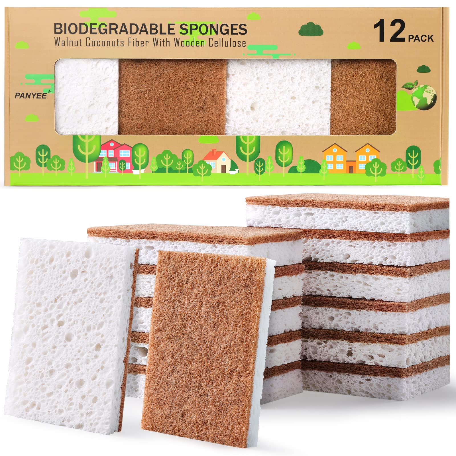 PANYEE Biodegradable Natural Kitchen Sponge,Eco Friendly Sponges for Dishes,Compostable Cellulose Sponge with Natural Plant Based Coconut Walnut Sustainable Scrubber Sponge Pack of 12