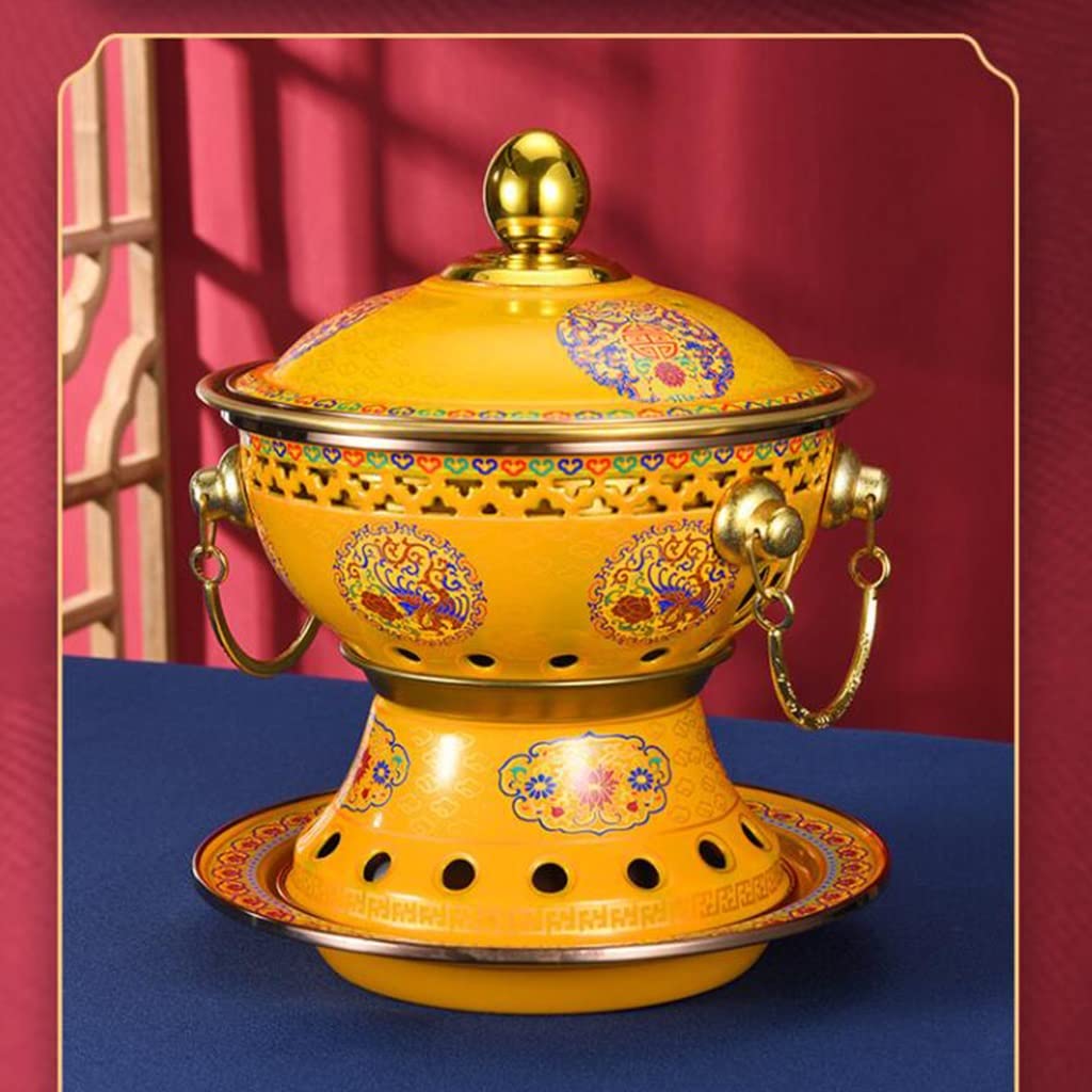 Chafing Dishes Single Person Small Hot Pot Cloisonne Copper Hot Pot, Commercial Household Cooking Pot, Anti Scalding Handle (Color : Yellow, Size : 20.5 * 25cm)