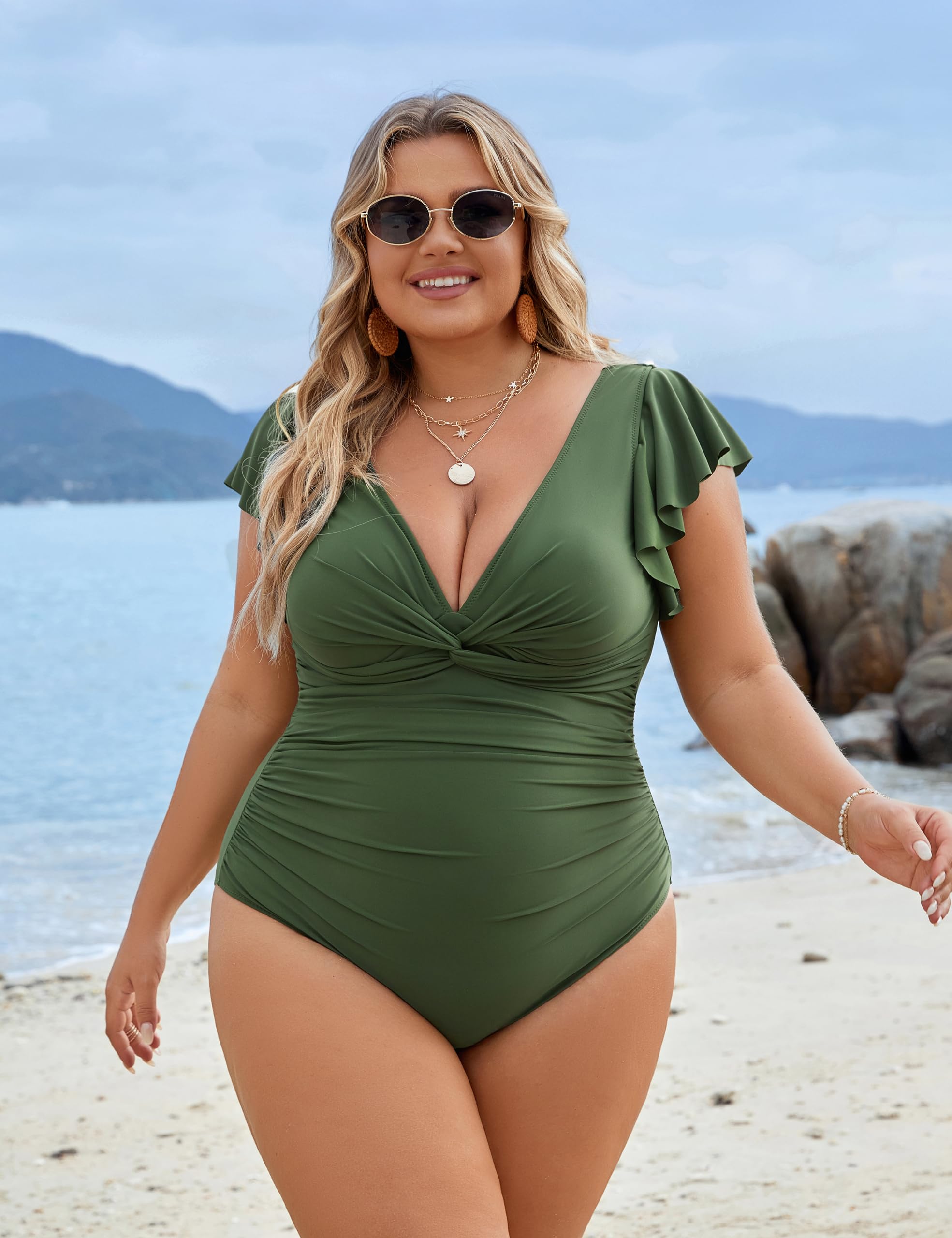 Blooming Jelly Women One Piece Swimsuits Plus Size Tummy Control Bathing Suit Curvy Over 50 Swim Suits (L, Green)