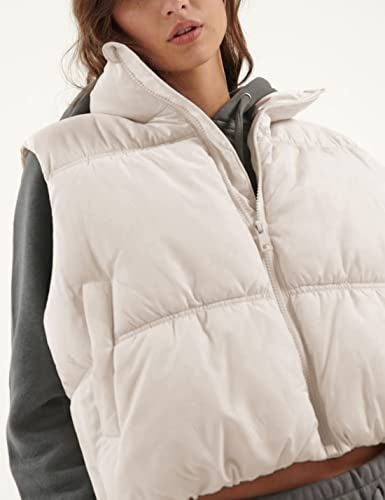 EsheSy Women's Cropped Puffer Vest Stand Collar Full Zip Sleeveless Warm Padded Jacket(Beige-L)