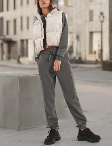 EsheSy Women's Cropped Puffer Vest Stand Collar Full Zip Sleeveless Warm Padded Jacket(Beige-L)