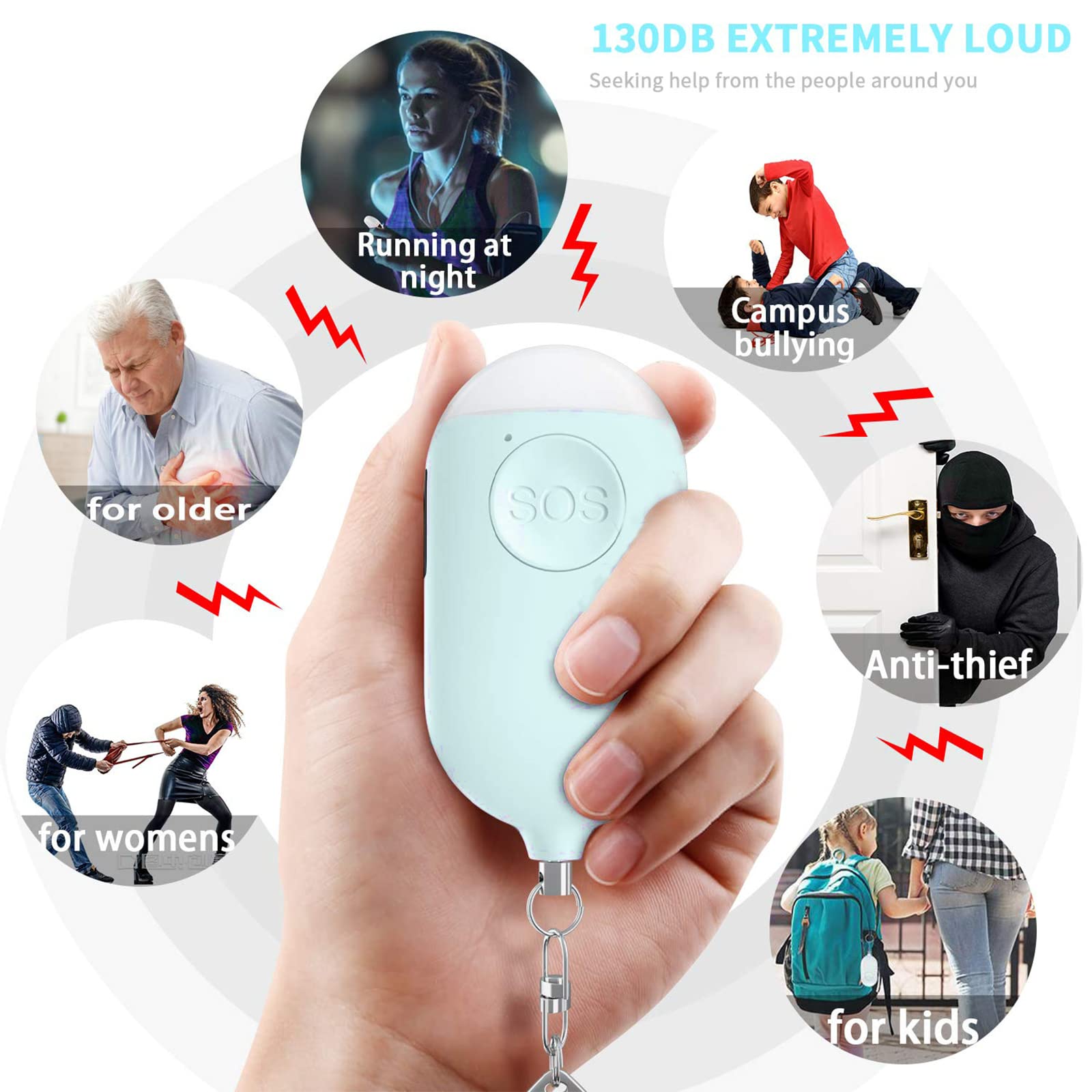 3 Pack Personal Protection Devices 130dB, Strobe Light and Key Chain Security for Students, Joggers, Night Workers, Elders, Kids, Women, 3 Pop Color