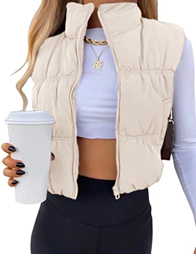 EsheSy Women's Cropped Puffer Vest Stand Collar Full Zip Sleeveless Warm Padded Jacket(Beige-L)