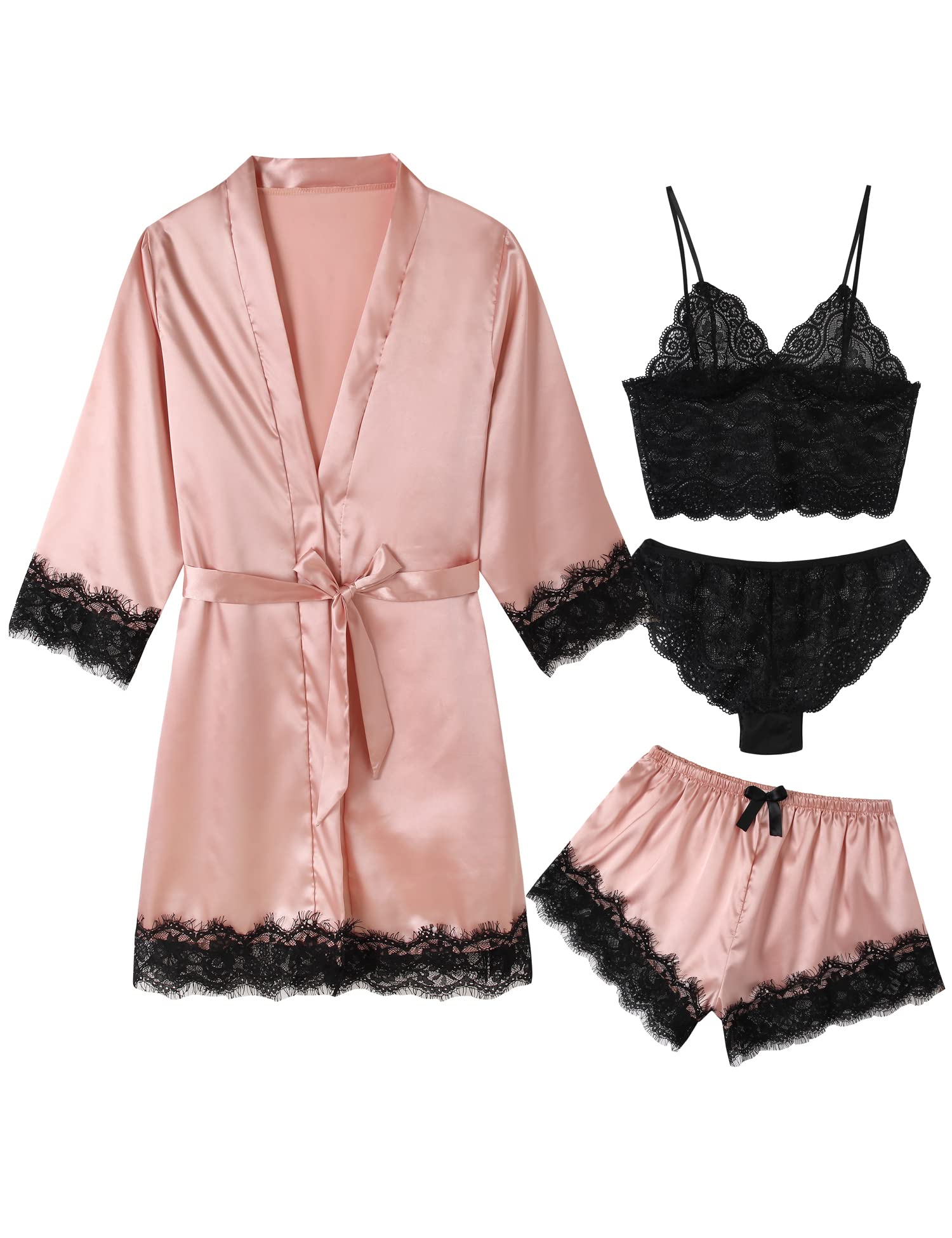 ESKTJH Lingerie Set For Women Sexy Pjs Silk Robe Satin Lace Cami and Shorts 4 Pcs Pajamas Set Champagne