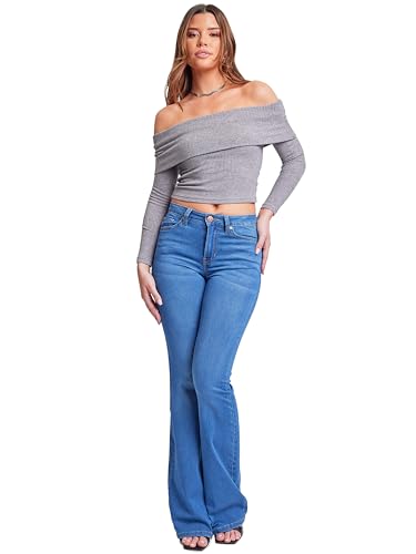 YMI Womens Hyper Denim Basic 5 PKT 1 BTN HR Flare Long Inseam, M08, XL