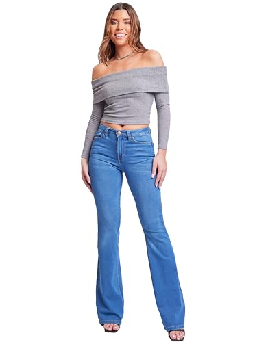 YMI Womens Hyper Denim Basic 5 PKT 1 BTN HR Flare Long Inseam, M08, XL