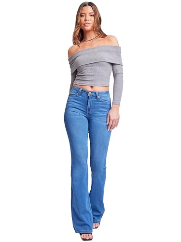 YMI Womens Hyper Denim Basic 5 PKT 1 BTN HR Flare Long Inseam, M08, XL