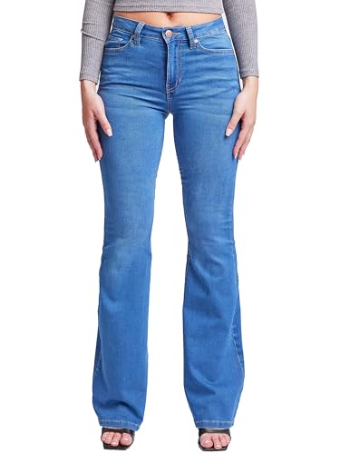 YMI Womens Hyper Denim Basic 5 PKT 1 BTN HR Flare Long Inseam, M08, XL