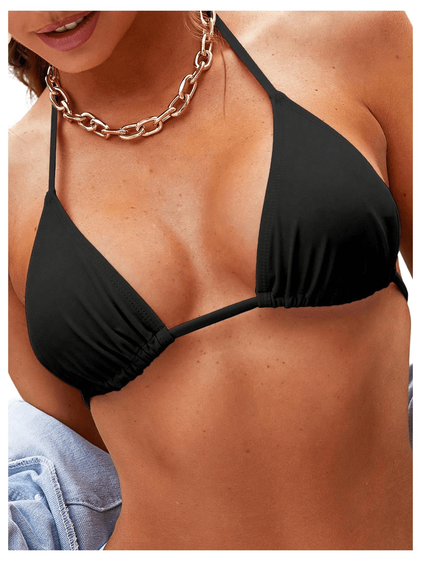 SOLY HUX Women's Halter Triangle Bikini Top Tie Back Bathing Suit Top Sexy Swimwear for Women A Solid Black XL