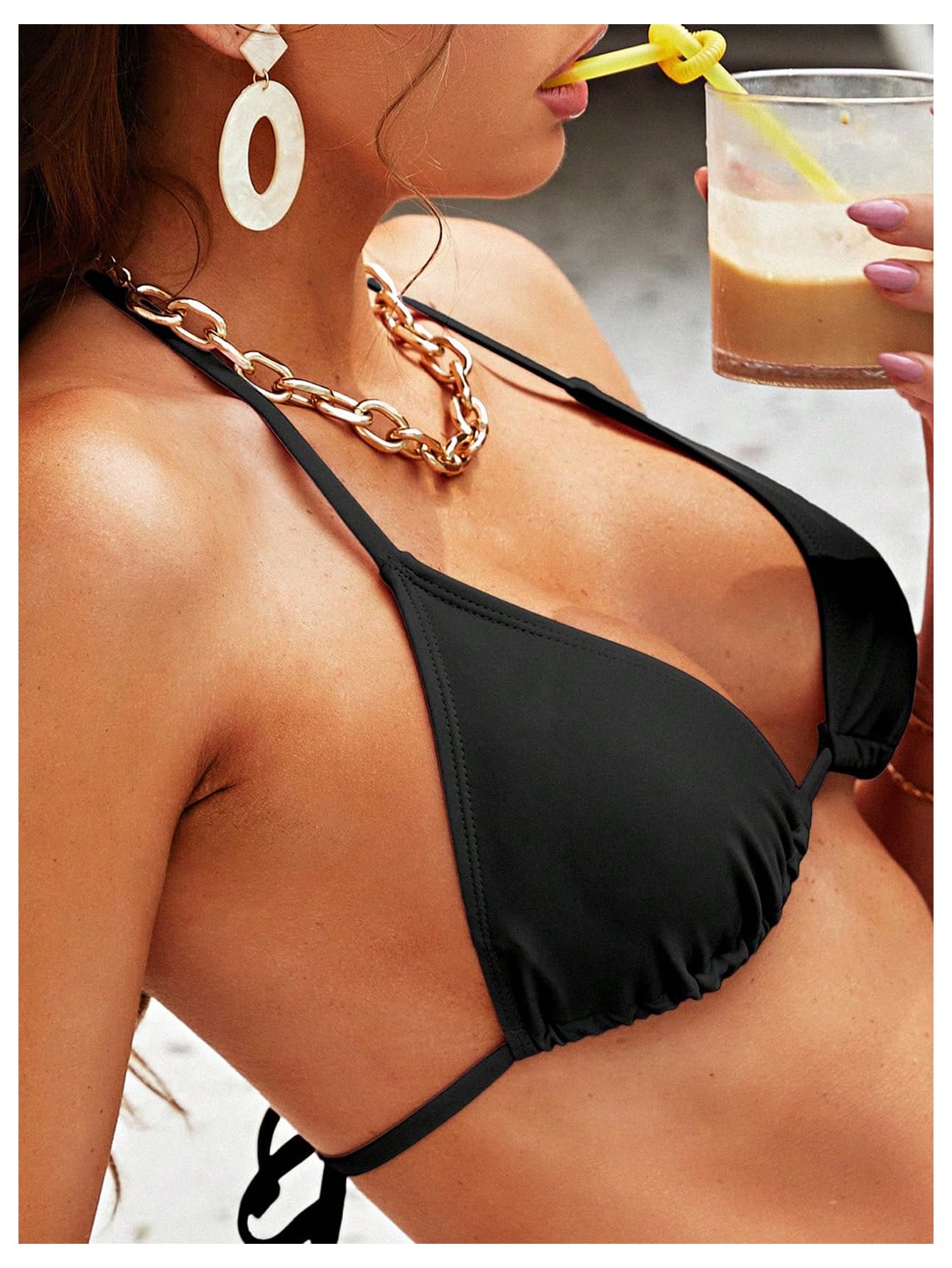 SOLY HUX Women's Halter Triangle Bikini Top Tie Back Bathing Suit Top Sexy Swimwear for Women A Solid Black XL