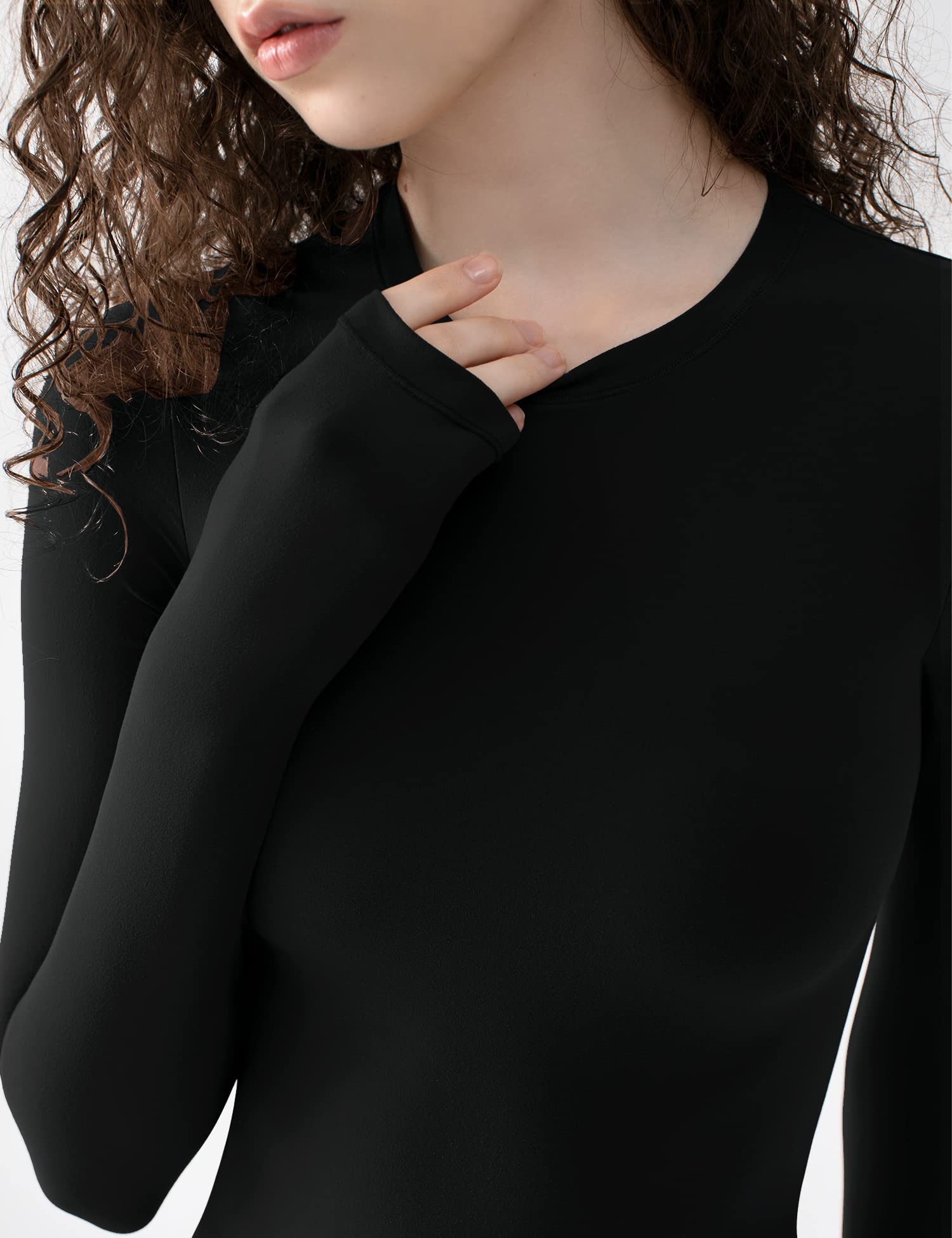 PUMIEY Long Sleeve Bodysuit For Women Sexy Body Suits Crew Neck Tops Jet Black X-Small