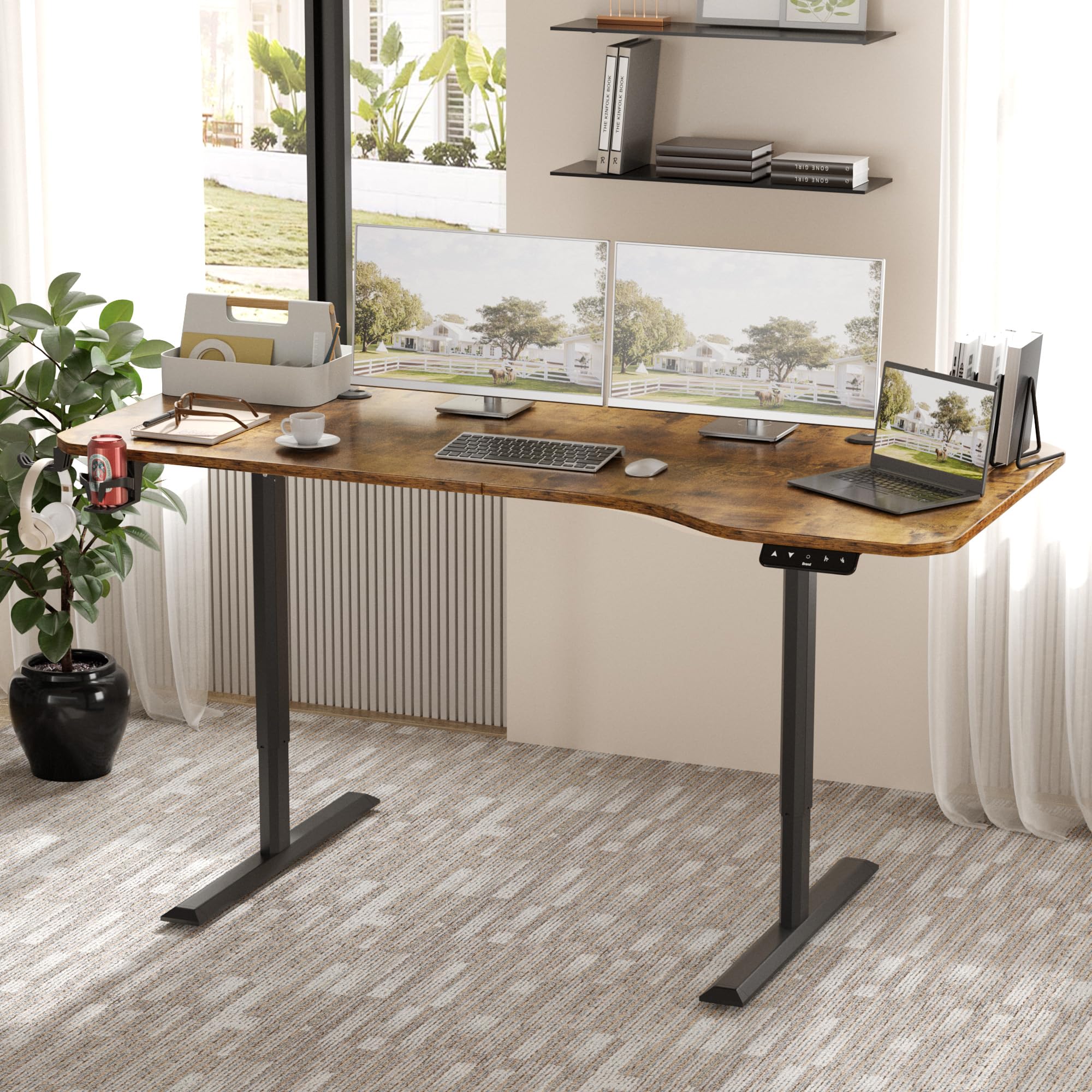 JUMMICO Standing Desk Electric Adjustable Desk Large 63 x 29.5 Sit Stand Up Desk Home Office Computer Desk Memory Preset with T-Shaped Metal Bracket and Holes for Routing Cables, Brown