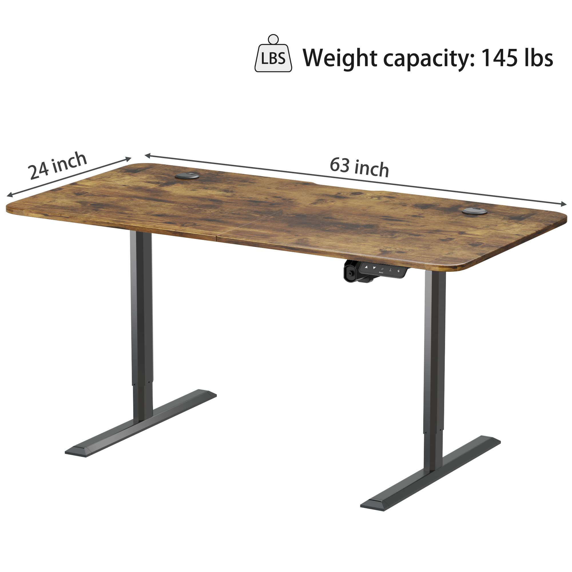 JUMMICO Standing Desk Electric Adjustable Desk Large 63 x 29.5 Sit Stand Up Desk Home Office Computer Desk Memory Preset with T-Shaped Metal Bracket and Holes for Routing Cables, Brown