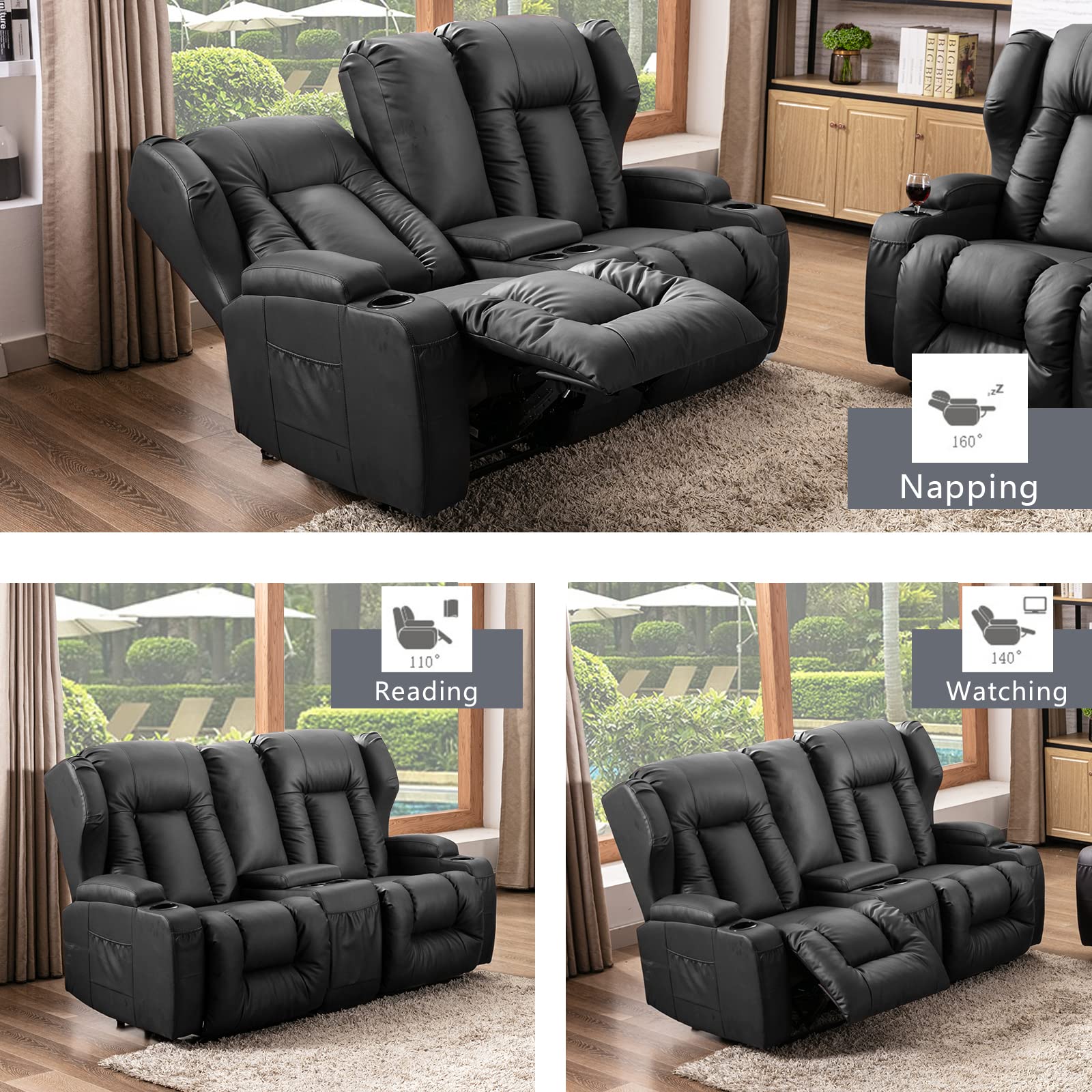 BINGTOO Home Theater Seating 67” RV Recliner Double Recliner Loveseat Manual Recliner Leather Recliner Loveseat Reclining Sofa with Console Slate, Cup Holder, Side Pocket