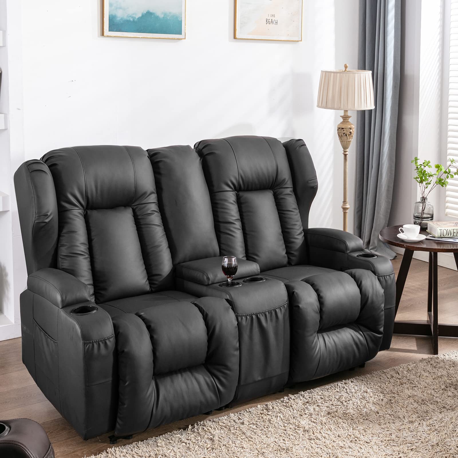 BINGTOO Home Theater Seating 67” RV Recliner Double Recliner Loveseat Manual Recliner Leather Recliner Loveseat Reclining Sofa with Console Slate, Cup Holder, Side Pocket
