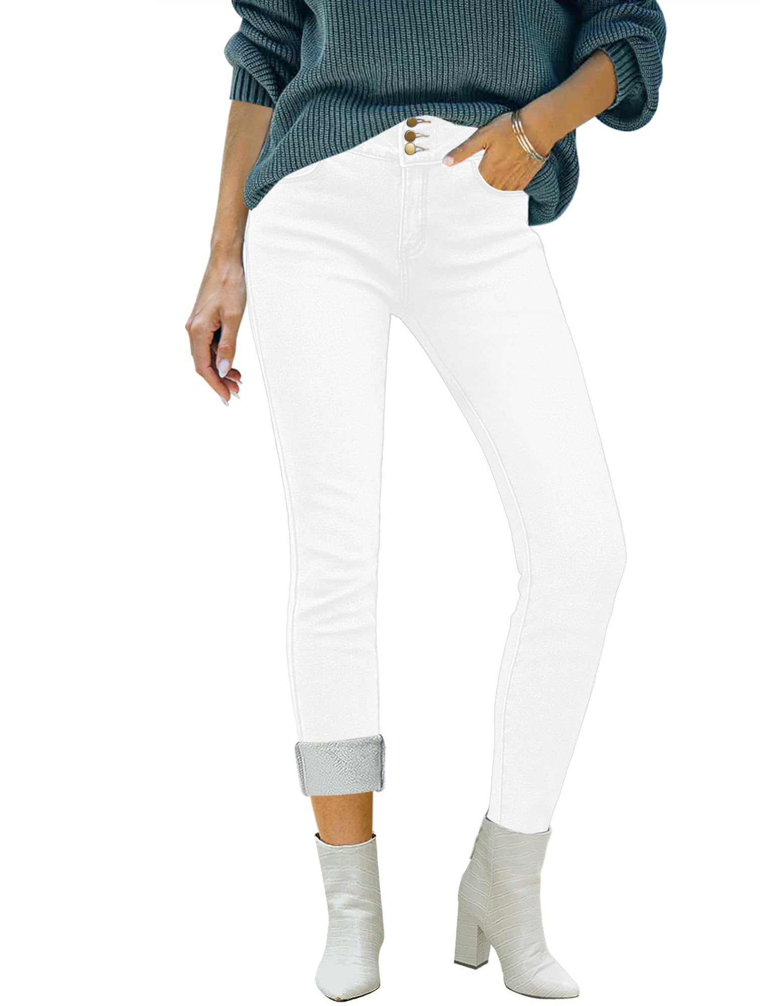 luvamia Women's Fleece Lined Jeans Winter Thermal Denim Jeggings Skinny High Waisted Stretch Warm Leggings Womens White Jeans Brilliant White Size Medium Size 8 Size 10