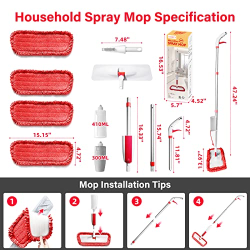 DDSNTY Mops,Spray Mops for Floor Cleaning,Spray Mop with Washable Pad,Kitchen Dry & Wet Mop with 410ML&300ML Refillable Bottle 4 Reusable Washable Pads for Hardwood Laminate Wood Tiles Floor Red…