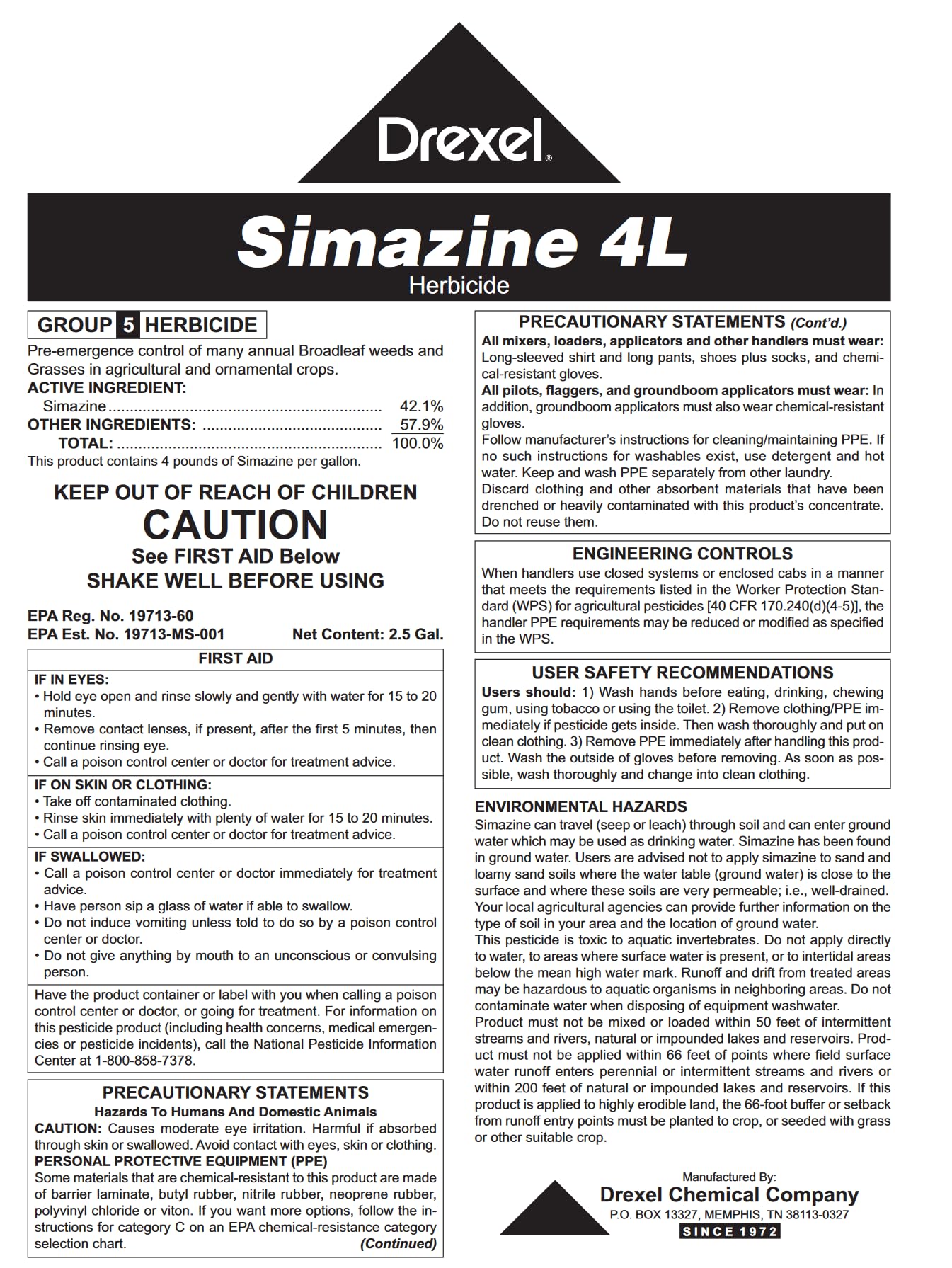 Simazine 4L (2.5 Gallons) - Simazine Pre Emergent Herbicide for Broadleaf and Grass Suppression