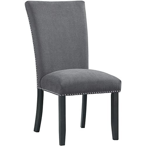 Hanover 7-Piece Linen Side Top and Wood Capri Modern w/White Marble Tabletop, Black Trestle Style Base, and 6 Comfortable Upholstered Foam Room Chairs, Farmhouse Dining Table Set, Natural, Gray