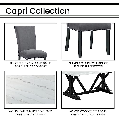 Hanover 7-Piece Linen Side Top and Wood Capri Modern w/White Marble Tabletop, Black Trestle Style Base, and 6 Comfortable Upholstered Foam Room Chairs, Farmhouse Dining Table Set, Natural, Gray