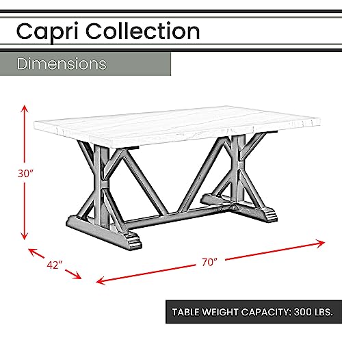 Hanover 7-Piece Linen Side Top and Wood Capri Modern w/White Marble Tabletop, Black Trestle Style Base, and 6 Comfortable Upholstered Foam Room Chairs, Farmhouse Dining Table Set, Natural, Gray