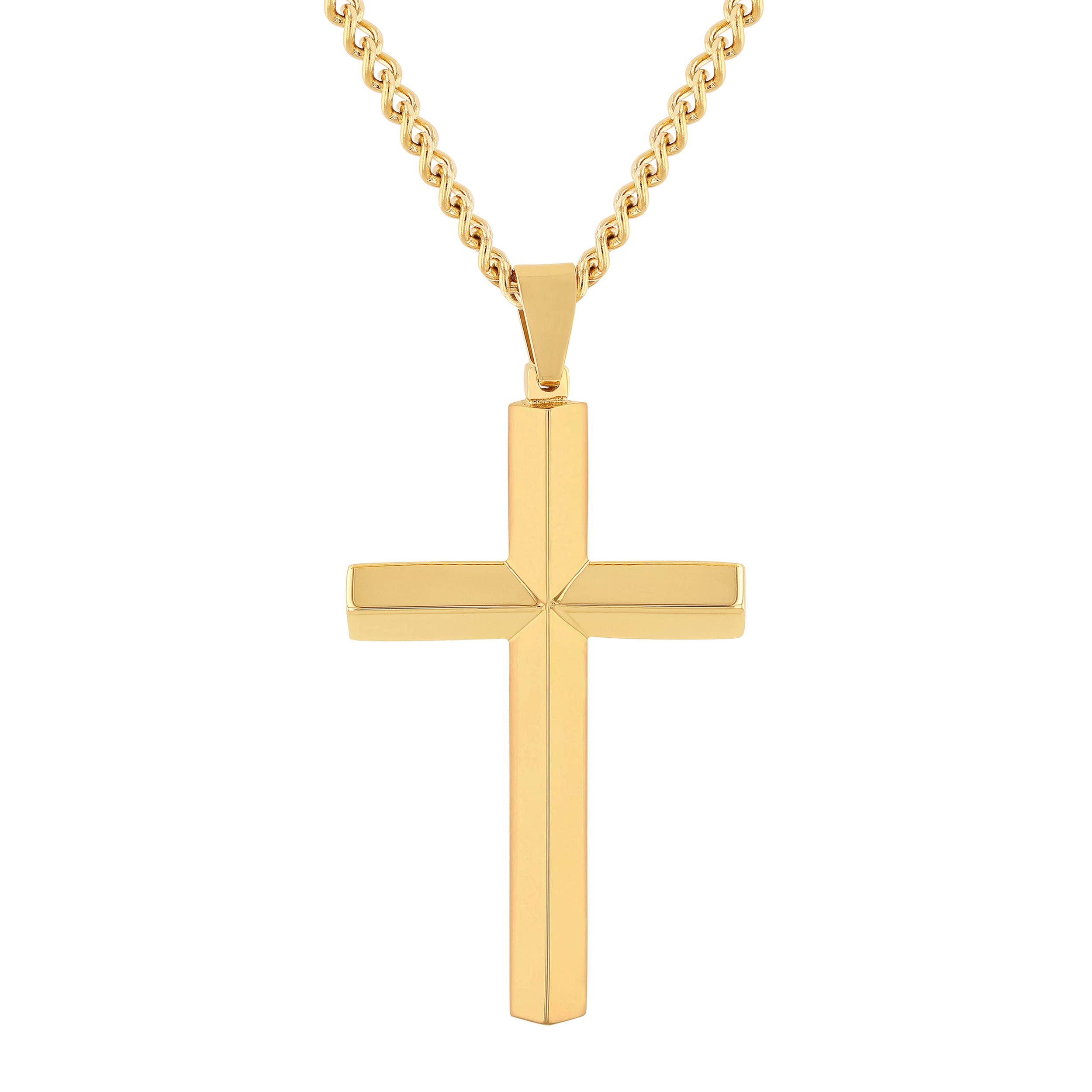 Stainless Steel Beveled Cross Pendant on 24" Twisted Curb Chain Necklace with Yellow Gold Tone Finish