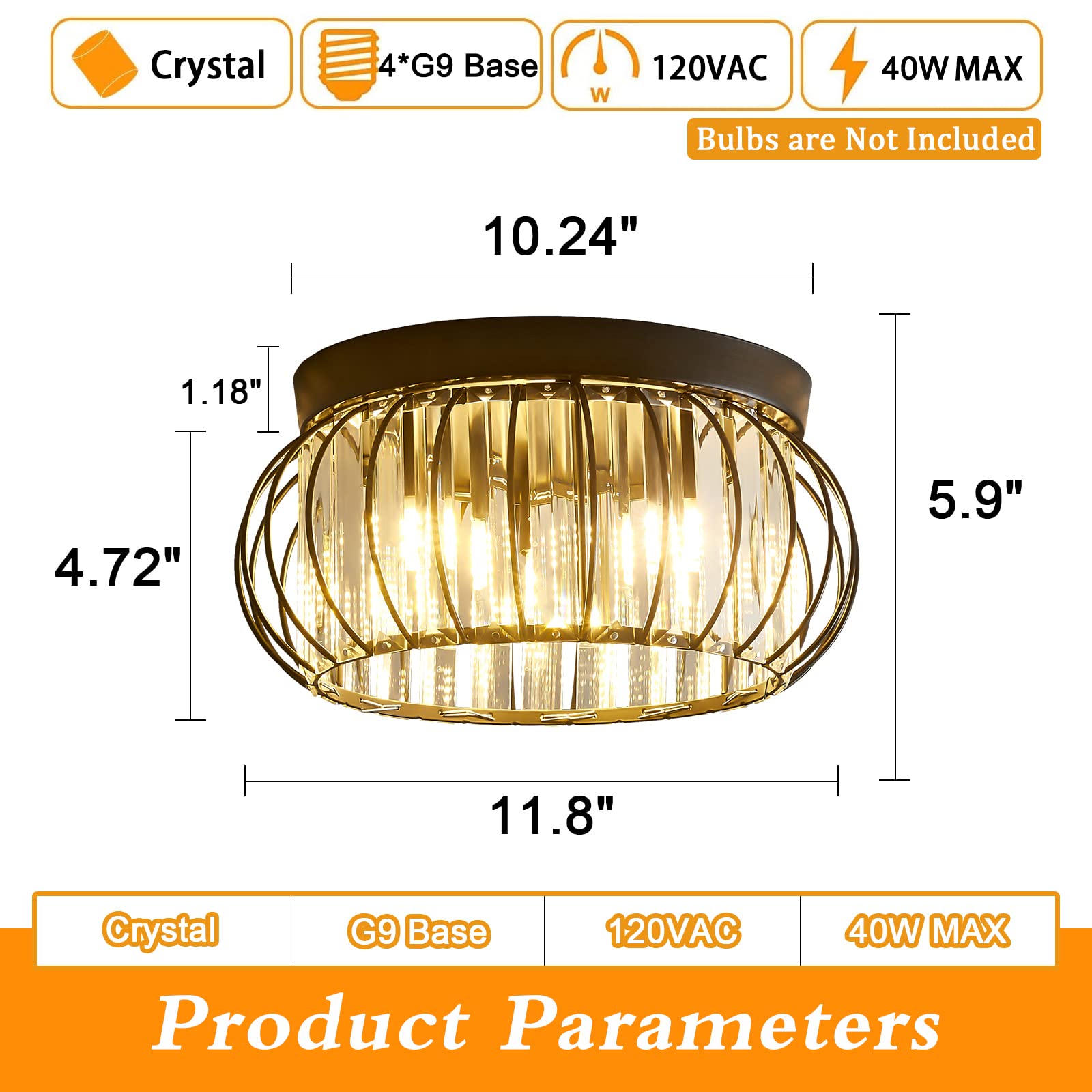BUXVRCS Modern Crystal Chandelier, 4-Light Flush Mount Ceiling Light Fixtures, Overhead Light Fixture Black Ceiling Lamp for Hallway Bedroom Bathroom Living Room Kitchen G9 Socket