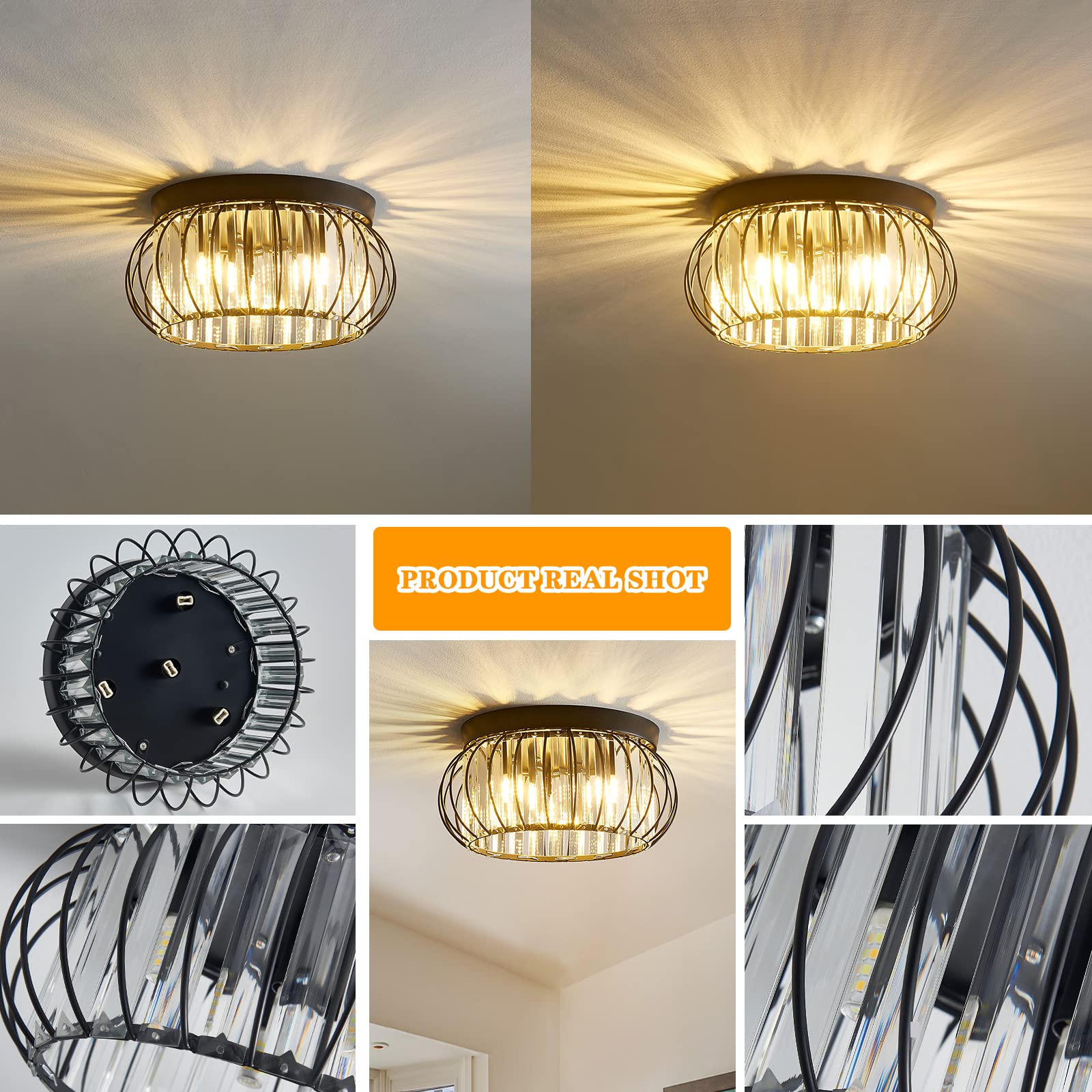 BUXVRCS Modern Crystal Chandelier, 4-Light Flush Mount Ceiling Light Fixtures, Overhead Light Fixture Black Ceiling Lamp for Hallway Bedroom Bathroom Living Room Kitchen G9 Socket