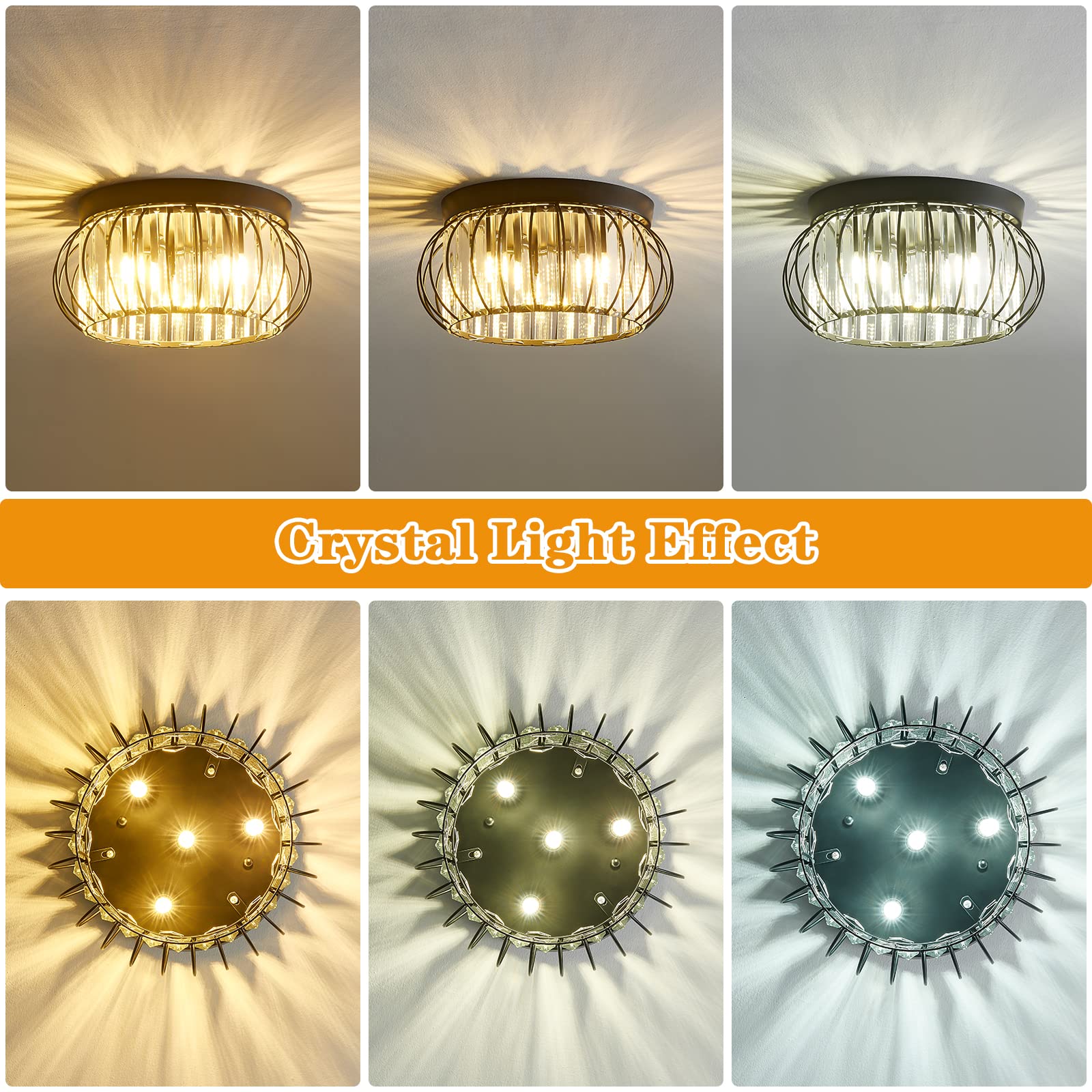 BUXVRCS Modern Crystal Chandelier, 4-Light Flush Mount Ceiling Light Fixtures, Overhead Light Fixture Black Ceiling Lamp for Hallway Bedroom Bathroom Living Room Kitchen G9 Socket