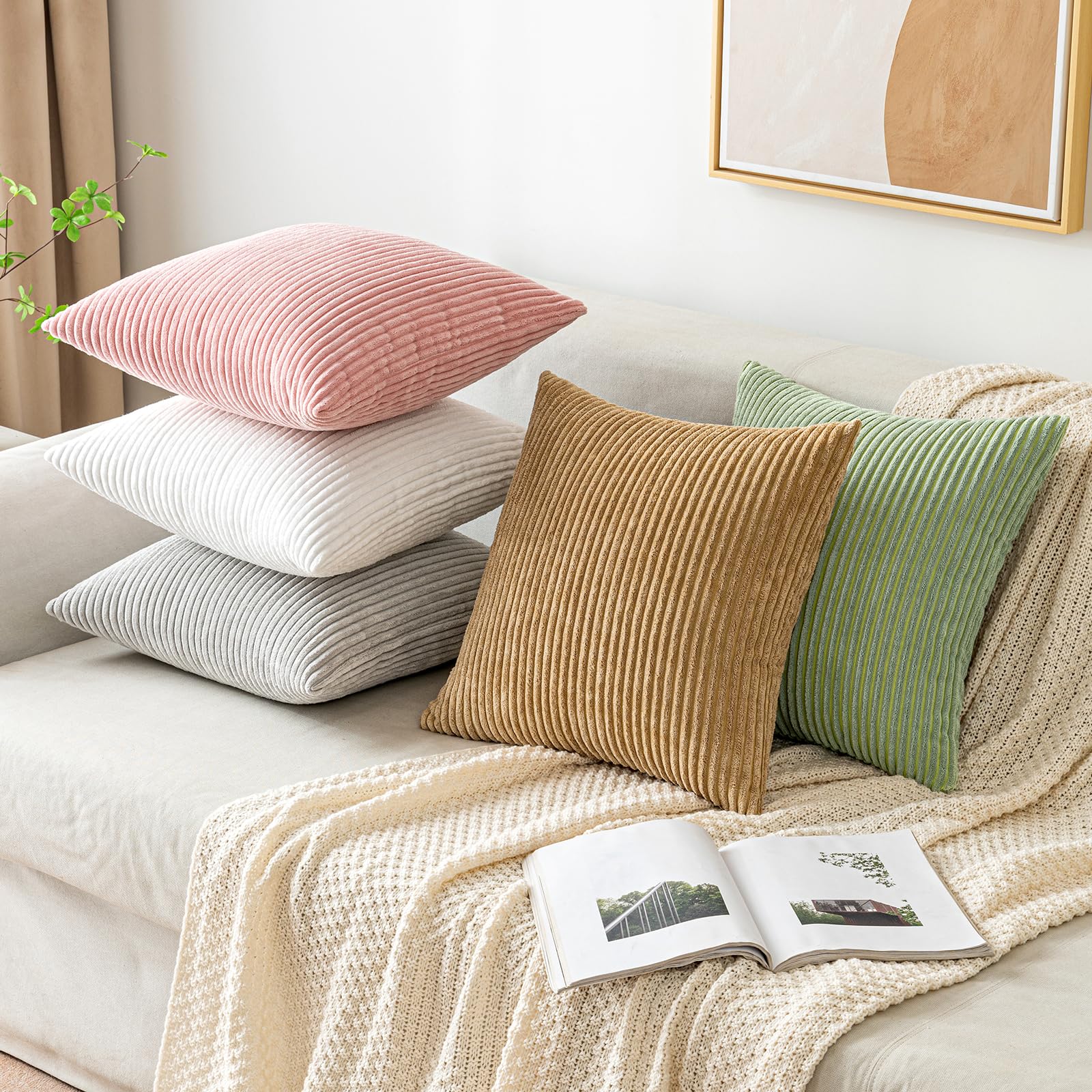 EMEMA Throw Pillow Covers Corduroy Decorative Soft Striped Square Cushion Covers Spring Pillowcases for Couch Sofa Bedroom Chair Car 18x18 Inch Pack of 2, White