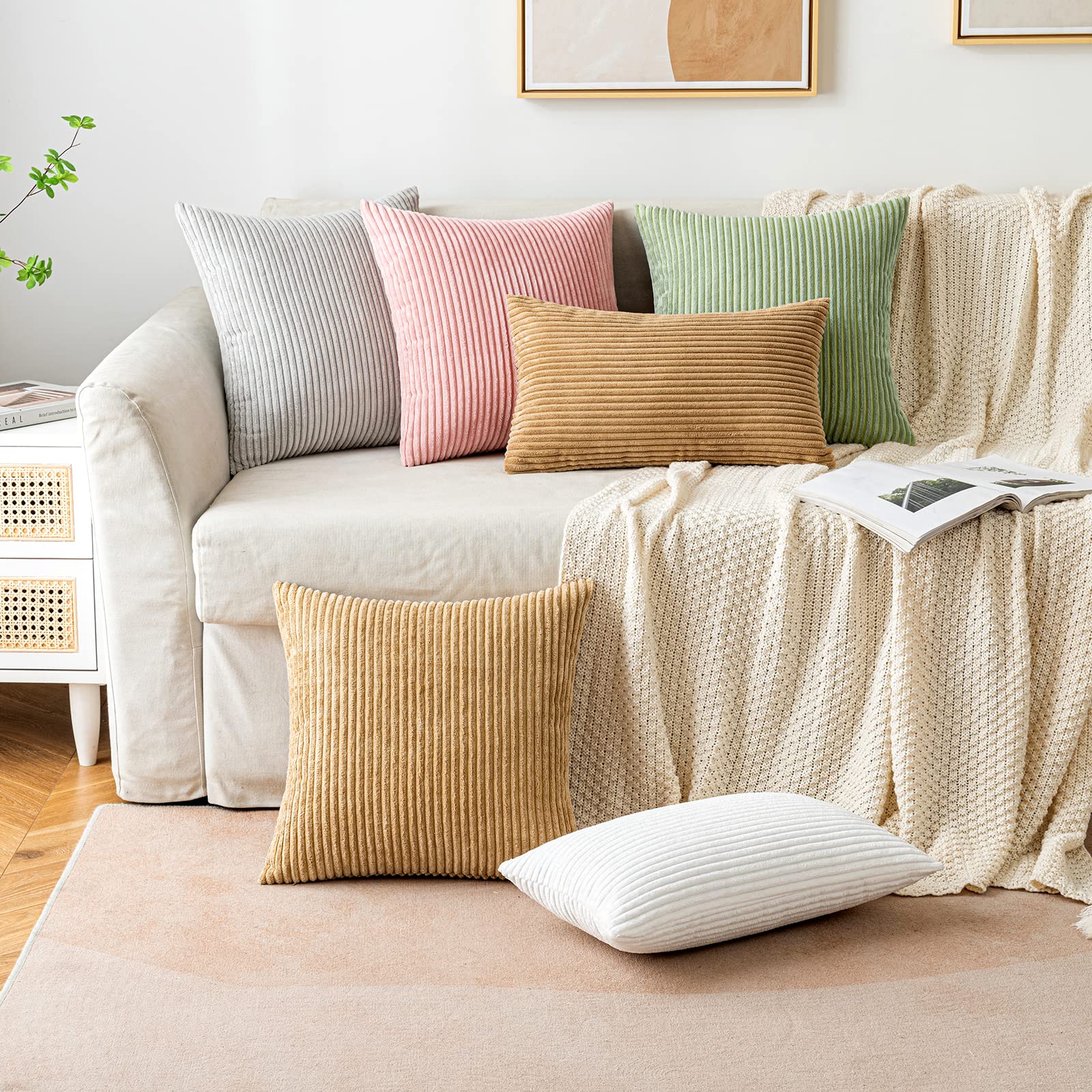 EMEMA Throw Pillow Covers Corduroy Decorative Soft Striped Square Cushion Covers Spring Pillowcases for Couch Sofa Bedroom Chair Car 18x18 Inch Pack of 2, White
