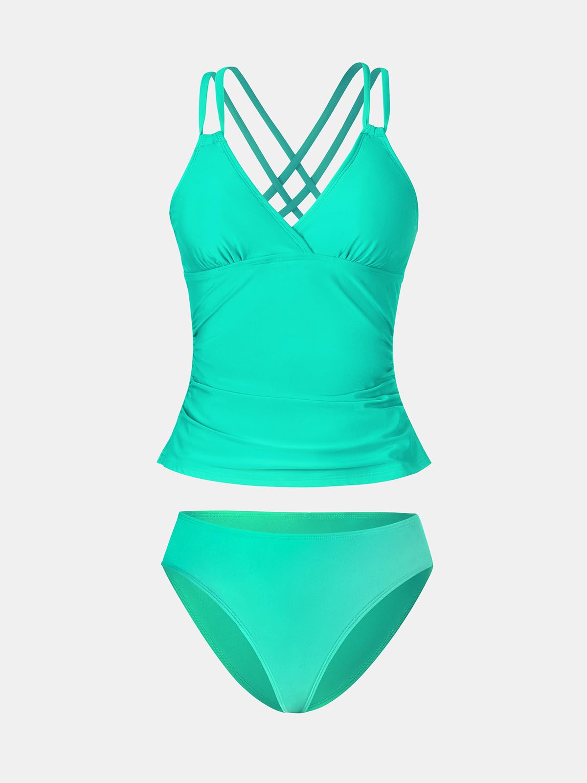 CUPSHE Women's Tankini Sets Two Piece Swimsuit V Neck Crisscross Adjustable Double Straps Ruched Mid Rise, L Turquoise Green