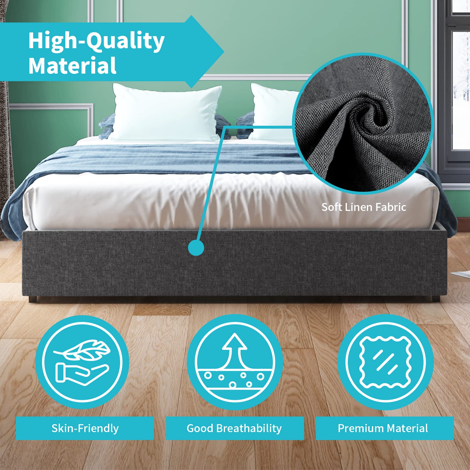 CECER Bed Frame with 4 Storage Drawers, Cotton Linen King Size Platform Bed Frame with Wood Slat Support/No Box Spring Needed/Easy Assembly/Under Bed Storage, King Size, Dark Grey