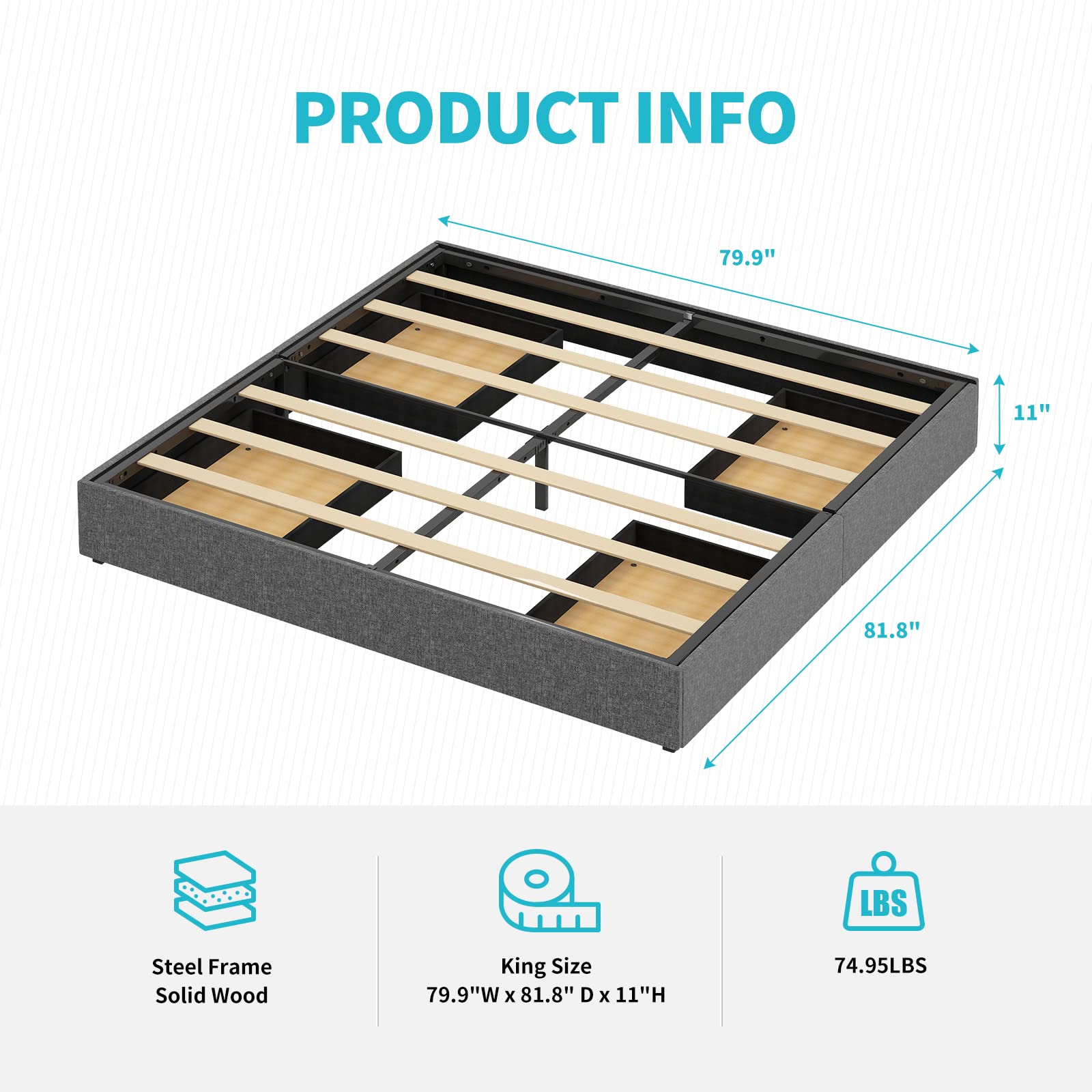 CECER Bed Frame with 4 Storage Drawers, Cotton Linen King Size Platform Bed Frame with Wood Slat Support/No Box Spring Needed/Easy Assembly/Under Bed Storage, King Size, Dark Grey
