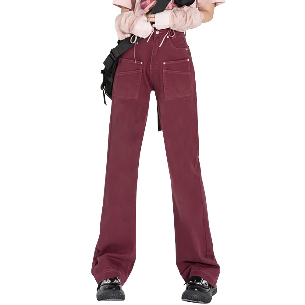 LONGYIDA Women's High Waisted Baggy Jeans Stretchy Wide Leg Straight Jeans Y2K Boyfriend Relaxed Fit Denim Pants Trousers(Red,XL)