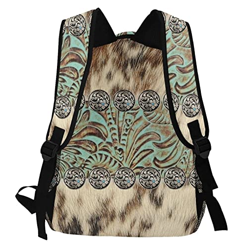 SWEET TANG Rustic Brown Teal Western Country Tooled Leather School Bag Backpack College Bookbag, Laptop Backpacks Computer Bag Travel One Size