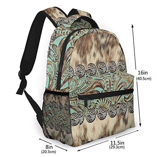 SWEET TANG Rustic Brown Teal Western Country Tooled Leather School Bag Backpack College Bookbag, Laptop Backpacks Computer Bag Travel One Size