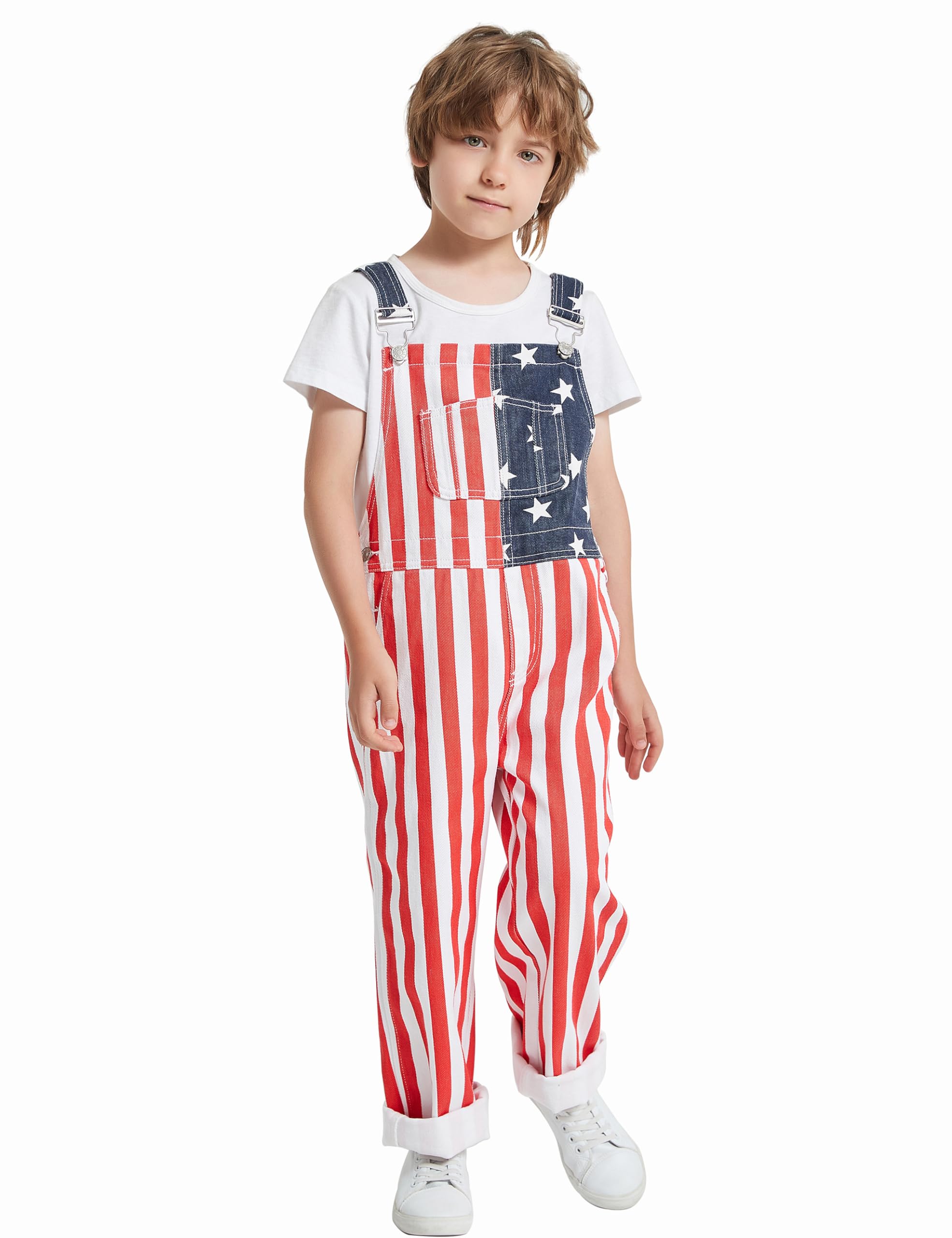 Boys Overalls Denim 3-14 Years American Flag Jeans Bibs Overalls July 4th Striped Patriotic Jumpsuit &Rompers(red,8)