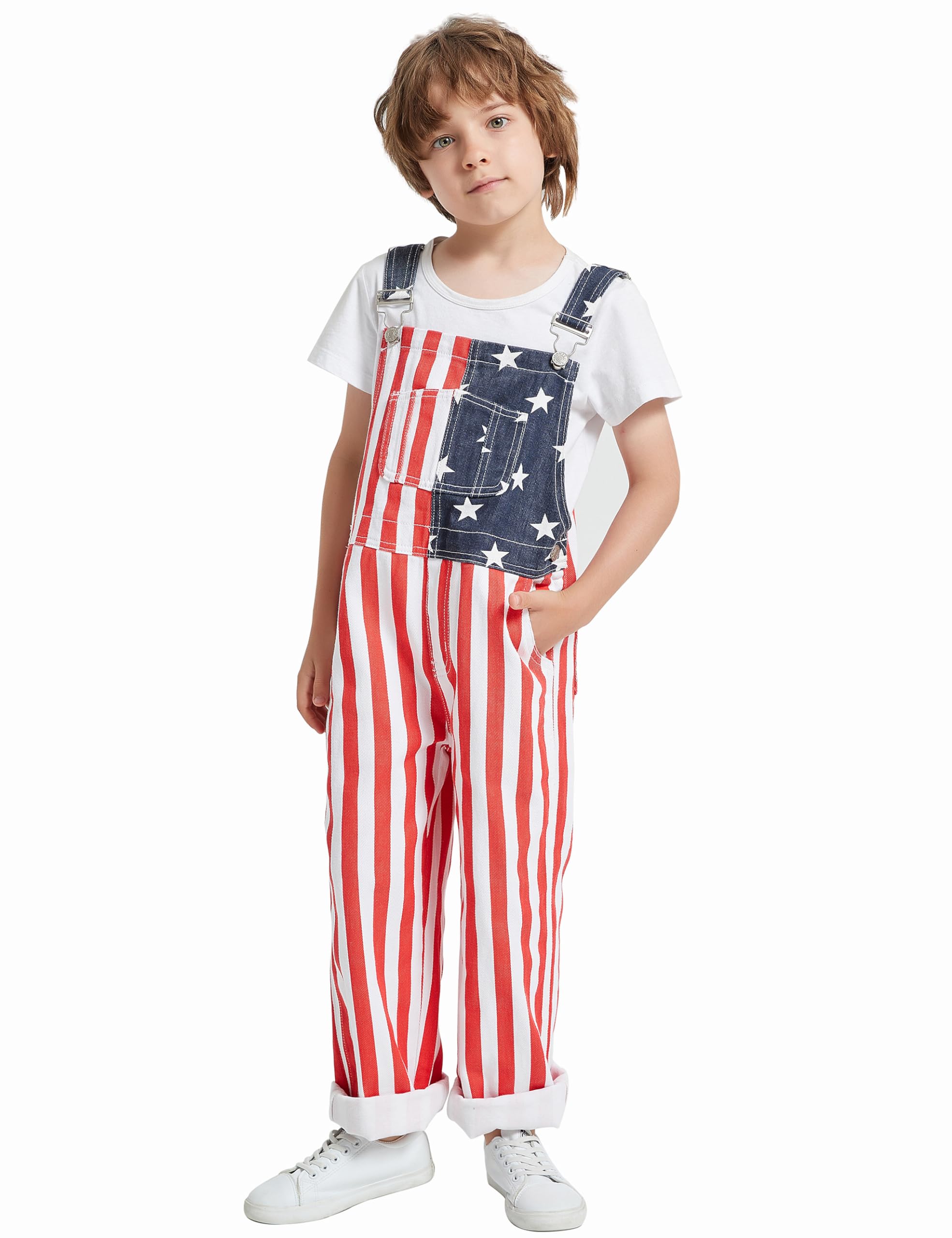 Boys Overalls Denim 3-14 Years American Flag Jeans Bibs Overalls July 4th Striped Patriotic Jumpsuit &Rompers(red,8)