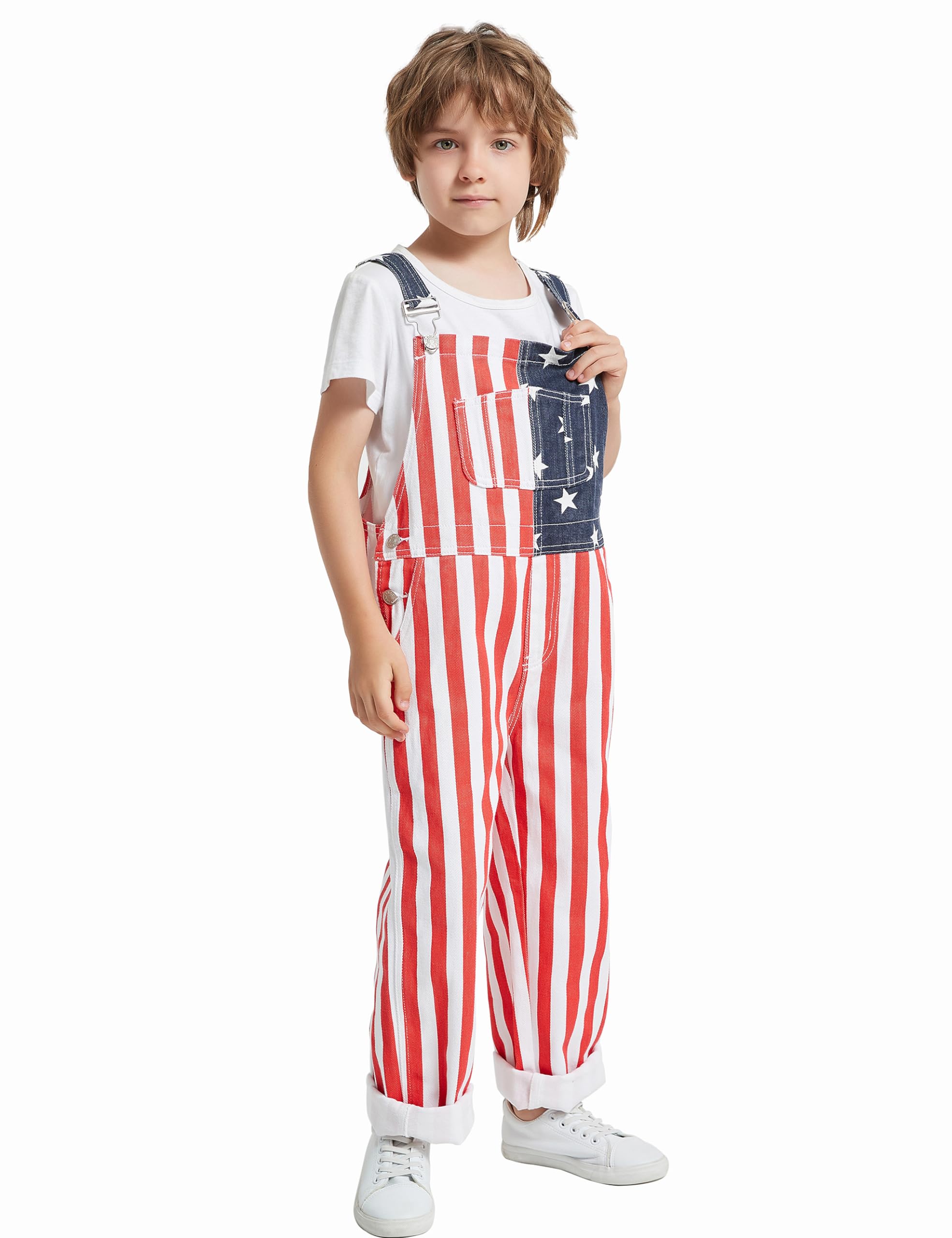 Boys Overalls Denim 3-14 Years American Flag Jeans Bibs Overalls July 4th Striped Patriotic Jumpsuit &Rompers(red,8)