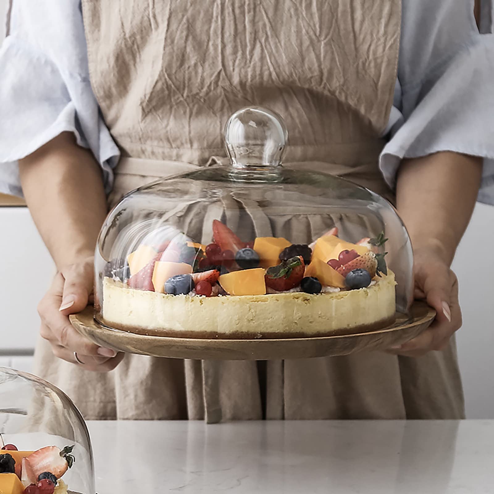KVMORZE Cake Stand with Glass Dome, 2-in-1 Acacia Wood Cheese Cupcake Serving Platter, Covered Platter, 7.8" Cake Fruit Display Server Tray for Kitchen, Birthday, Wedding, Event, Pies, Appetizer