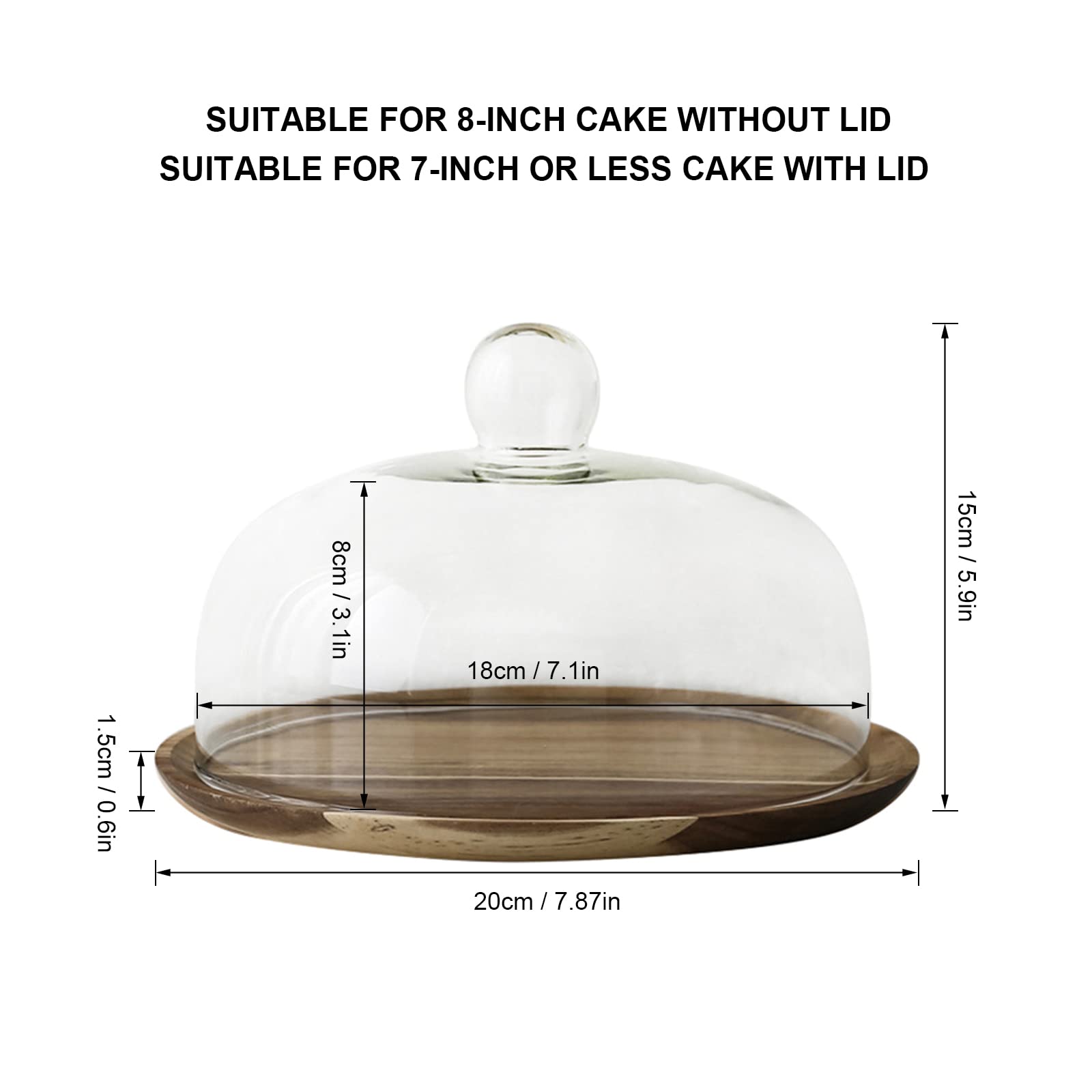KVMORZE Cake Stand with Glass Dome, 2-in-1 Acacia Wood Cheese Cupcake Serving Platter, Covered Platter, 7.8" Cake Fruit Display Server Tray for Kitchen, Birthday, Wedding, Event, Pies, Appetizer